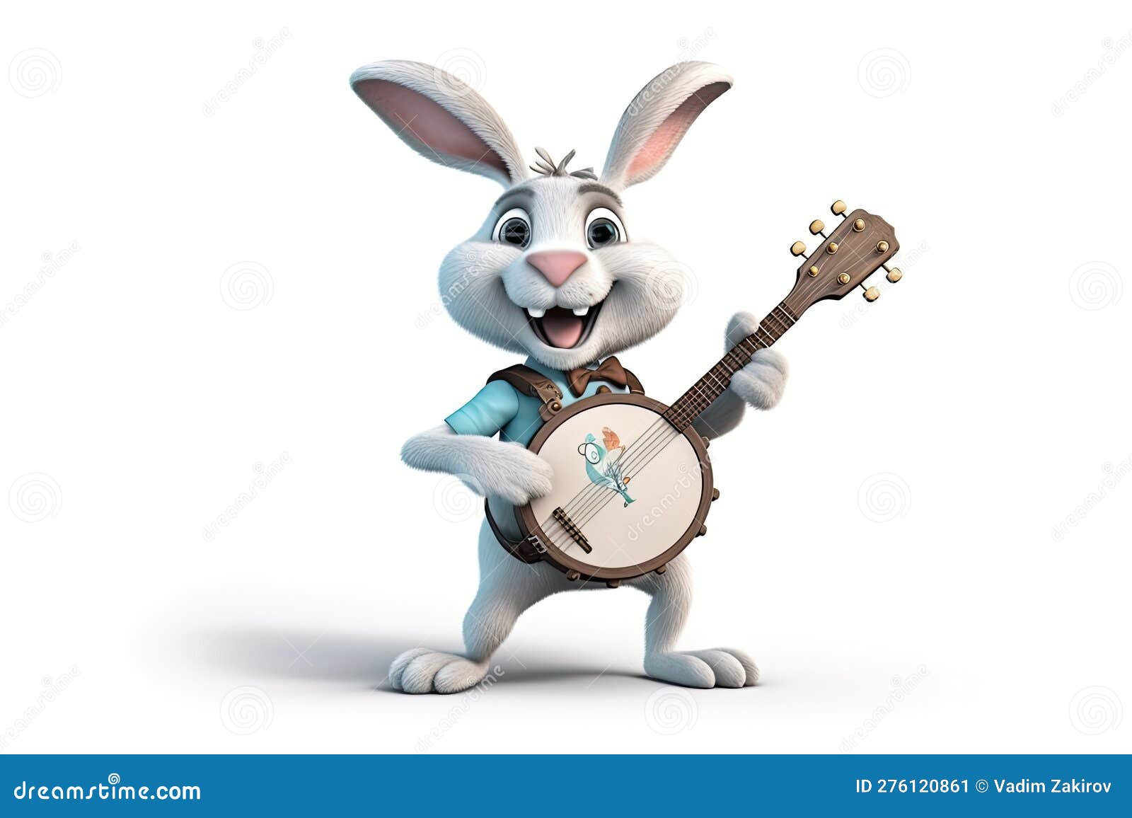White Rabbit or Hare Playing Banjo on a White Background Isolated Stock ...