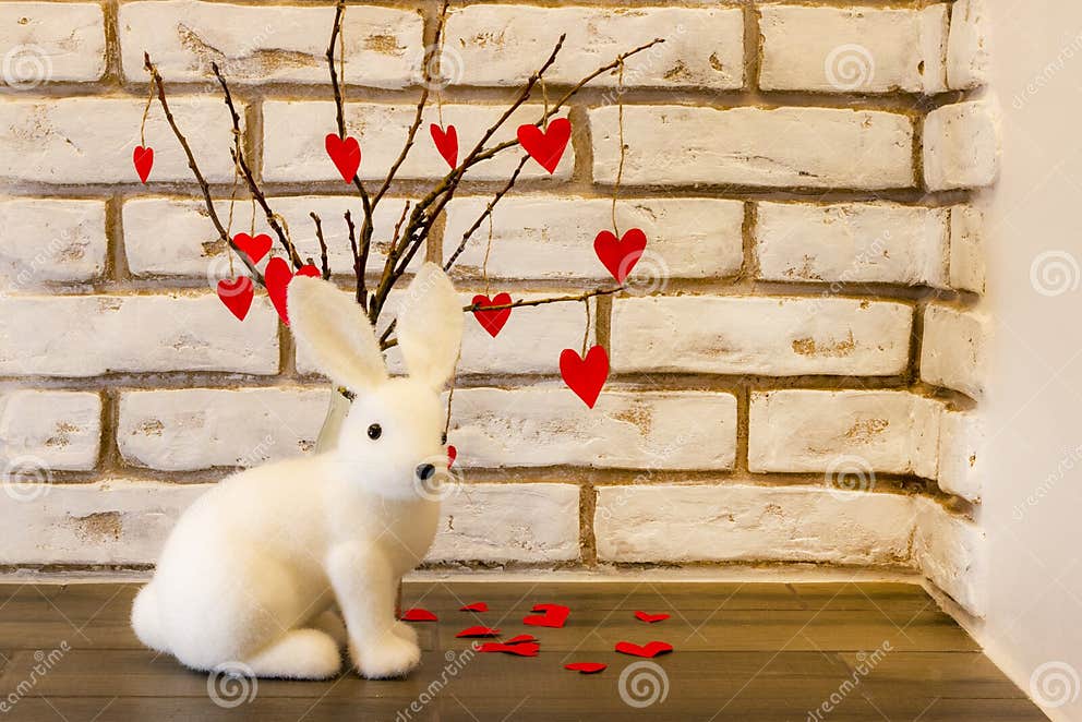 White Rabbit and Heart Tree Wall Brick Stock Photo - Image of rabbit ...