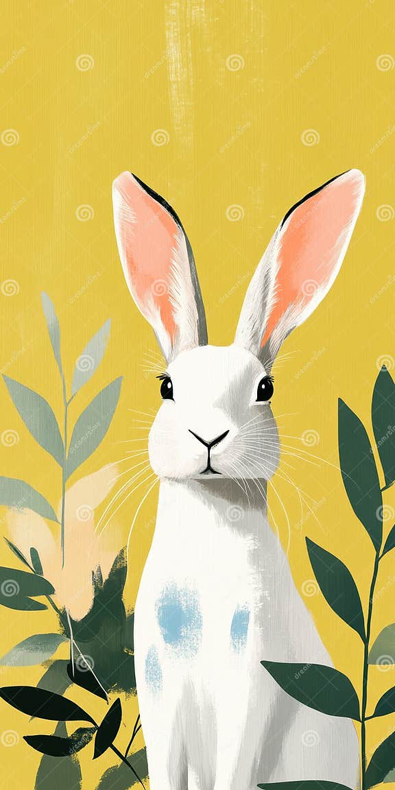 White Rabbit Illustration with Botanical Elements on Yellow Background ...