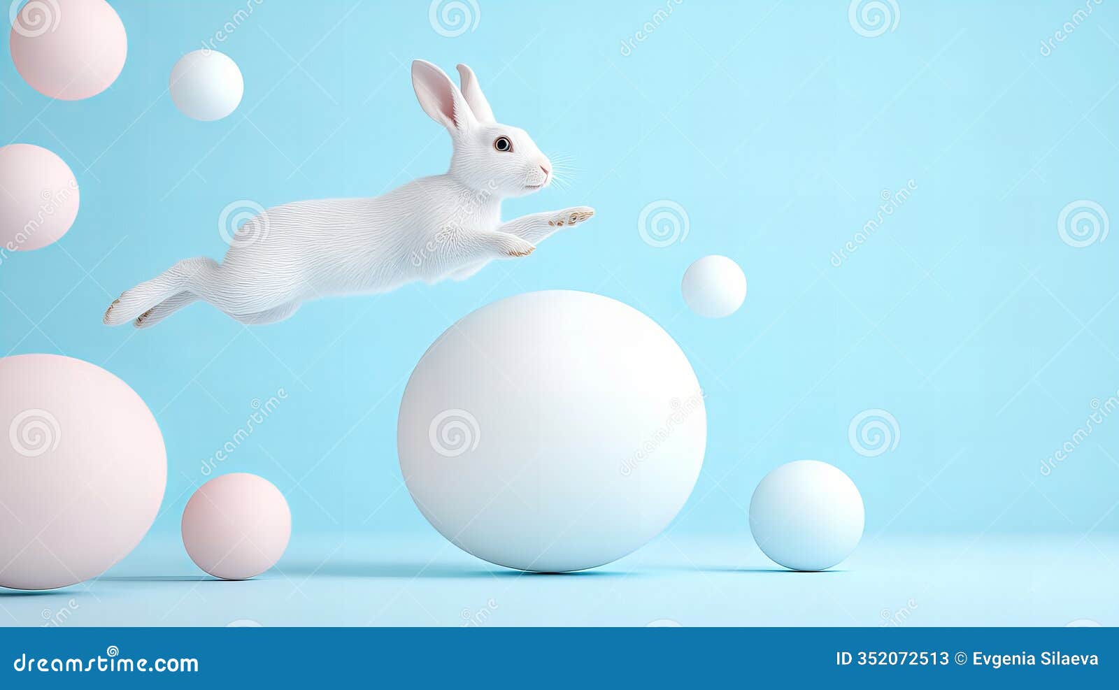 White Rabbit Jumping Gracefully among Floating Spheres on a Light Blue ...