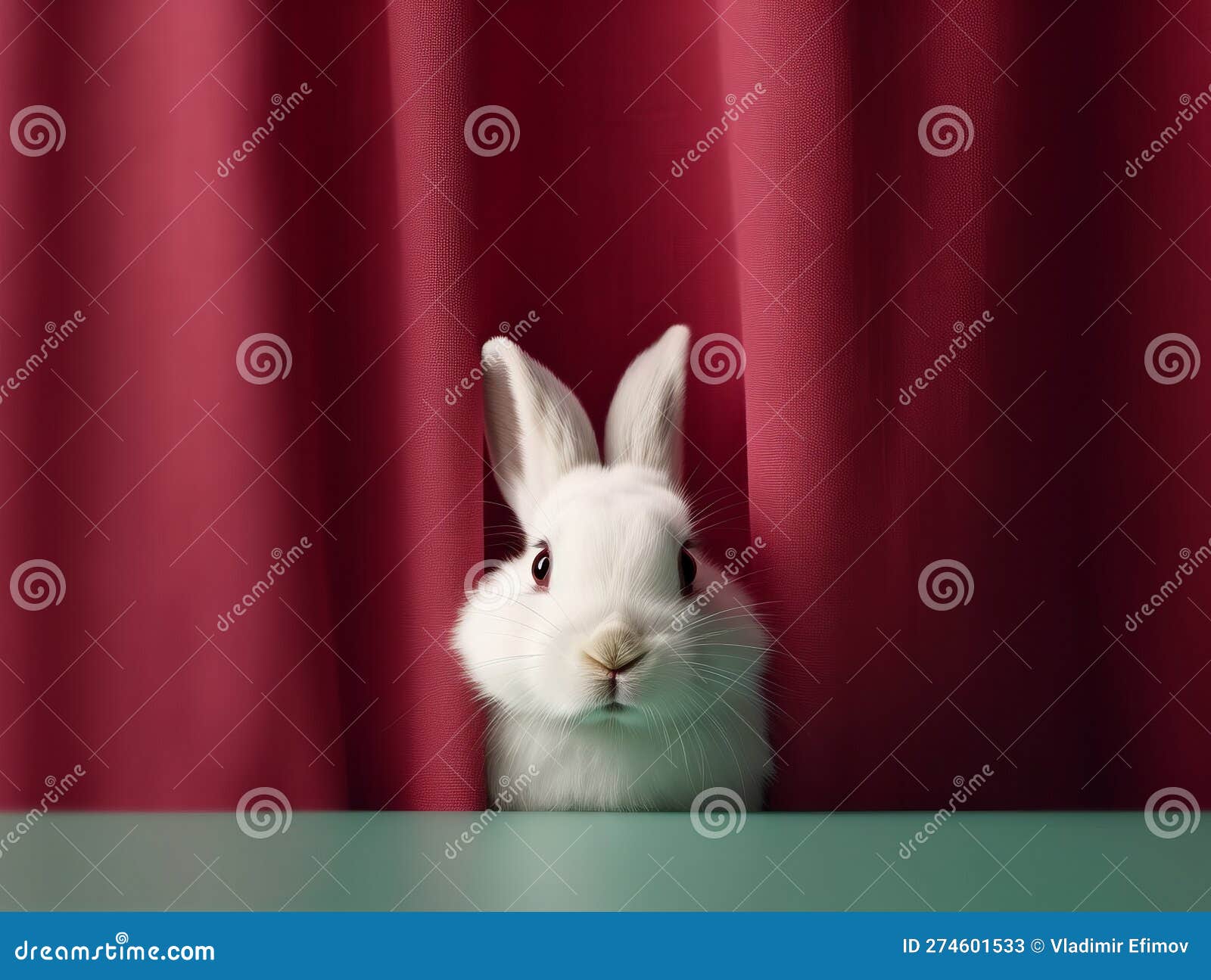 White Rabbit Peeks Out with Interest from Behind a Red Curtain Stock ...