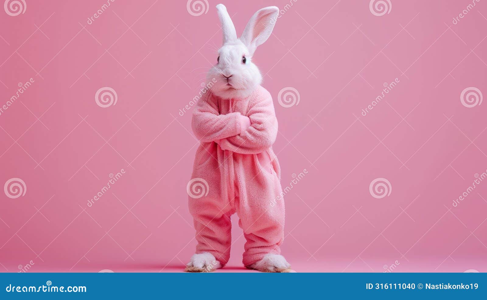 White Rabbit in Pink Overalls on Pink Background Stock Photo - Image of ...