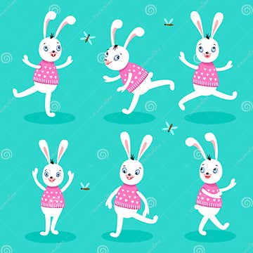 White rabbit 6 poses stock vector. Illustration of characters - 64592984