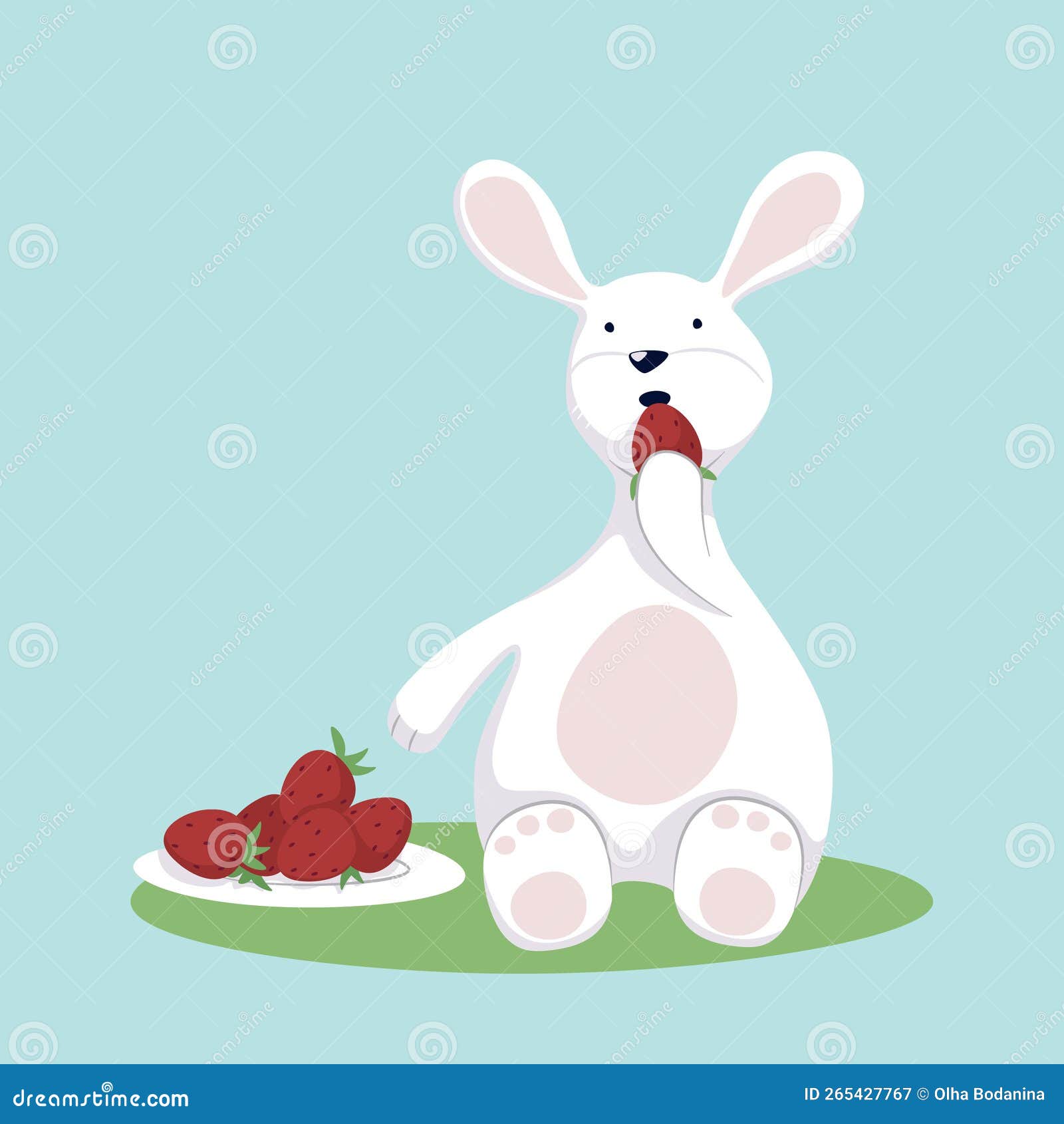 A White Rabbit Sits and Eats Strawberries Lying in a Plate. Vector ...