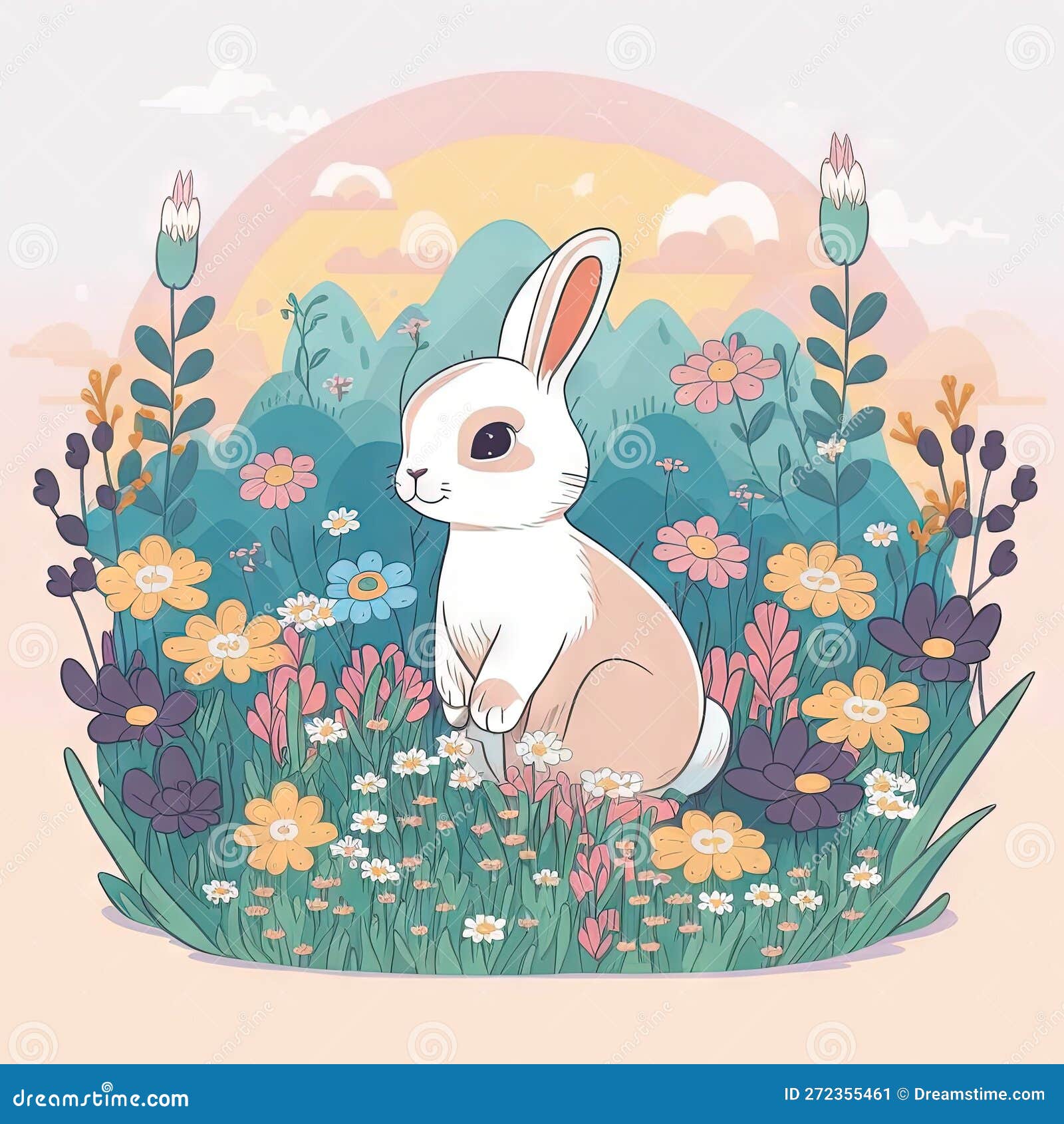 A White Rabbit Sitting in a Field of Flowers and Grass Stock ...