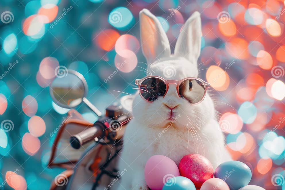 A White Rabbit with Sunglasses Sits Confidently on a Motorcycle Stock ...