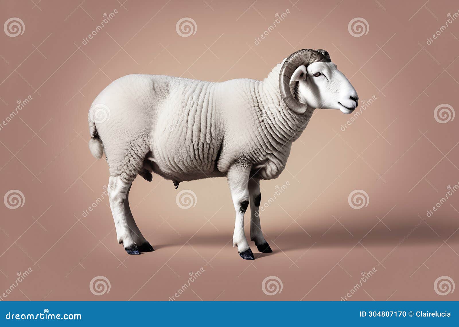 A White Ram, Highlighted on a Beige Background, Stands Sideways Stock ...