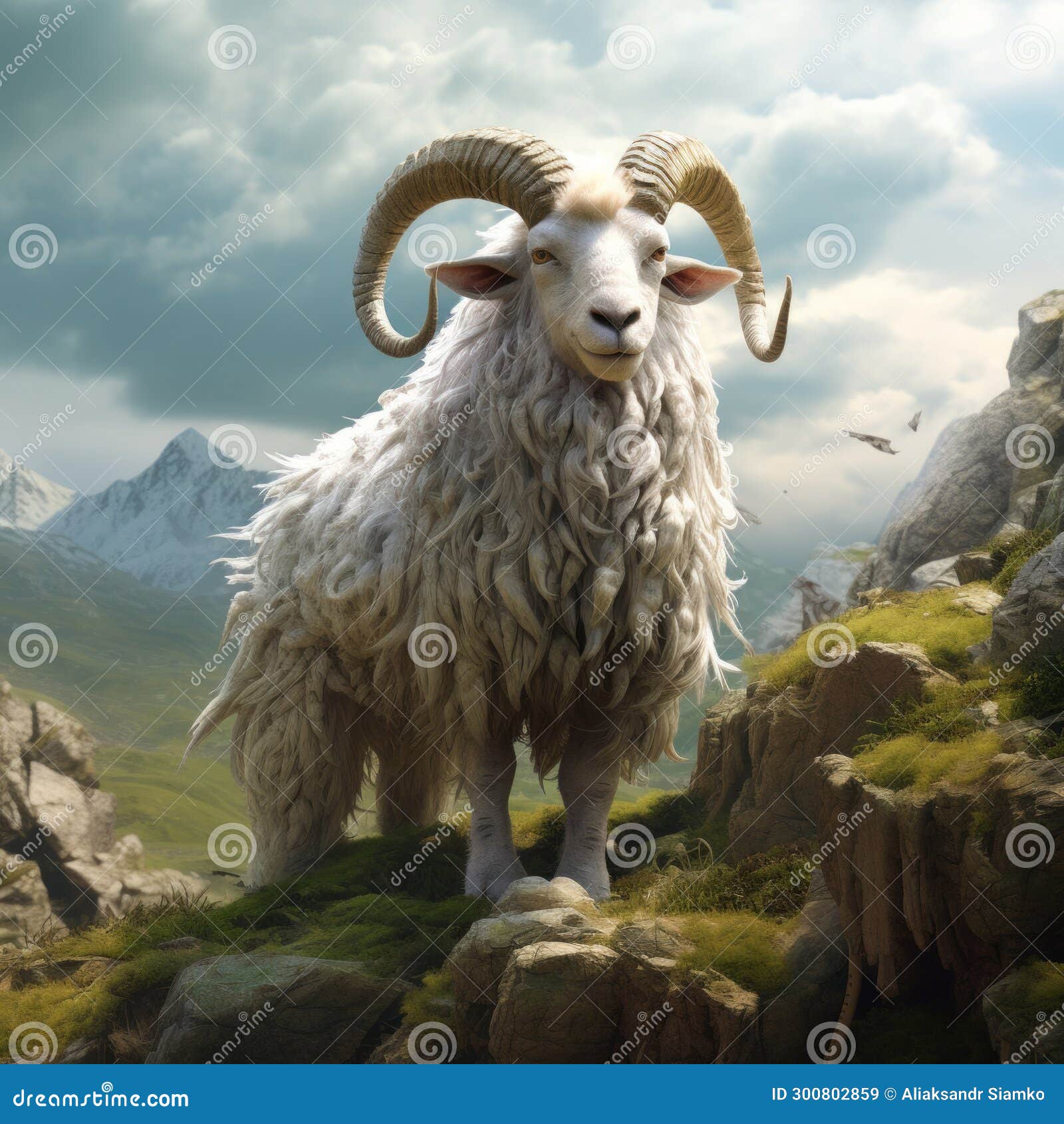 A White Ram with Horns Standing on a Rocky Hill Stock Illustration ...