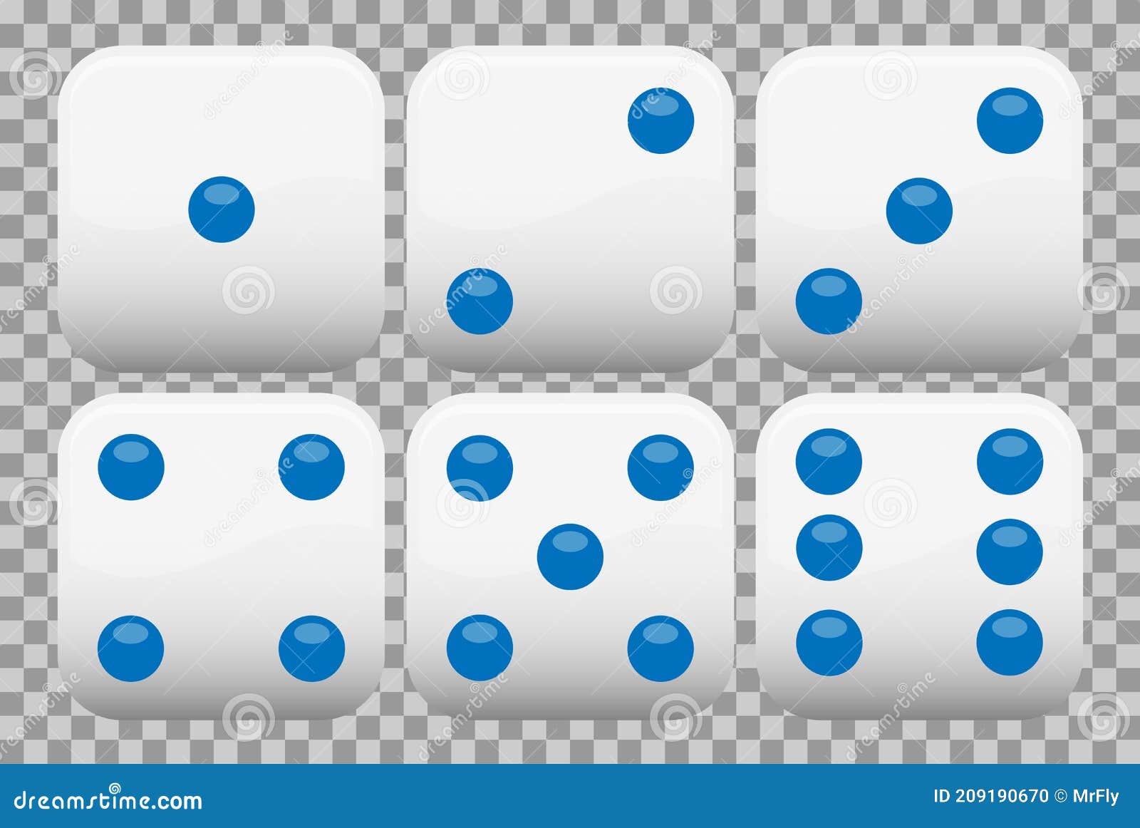 White Realistic Dice Collection with Blue Dots Set of 6 Vector ...