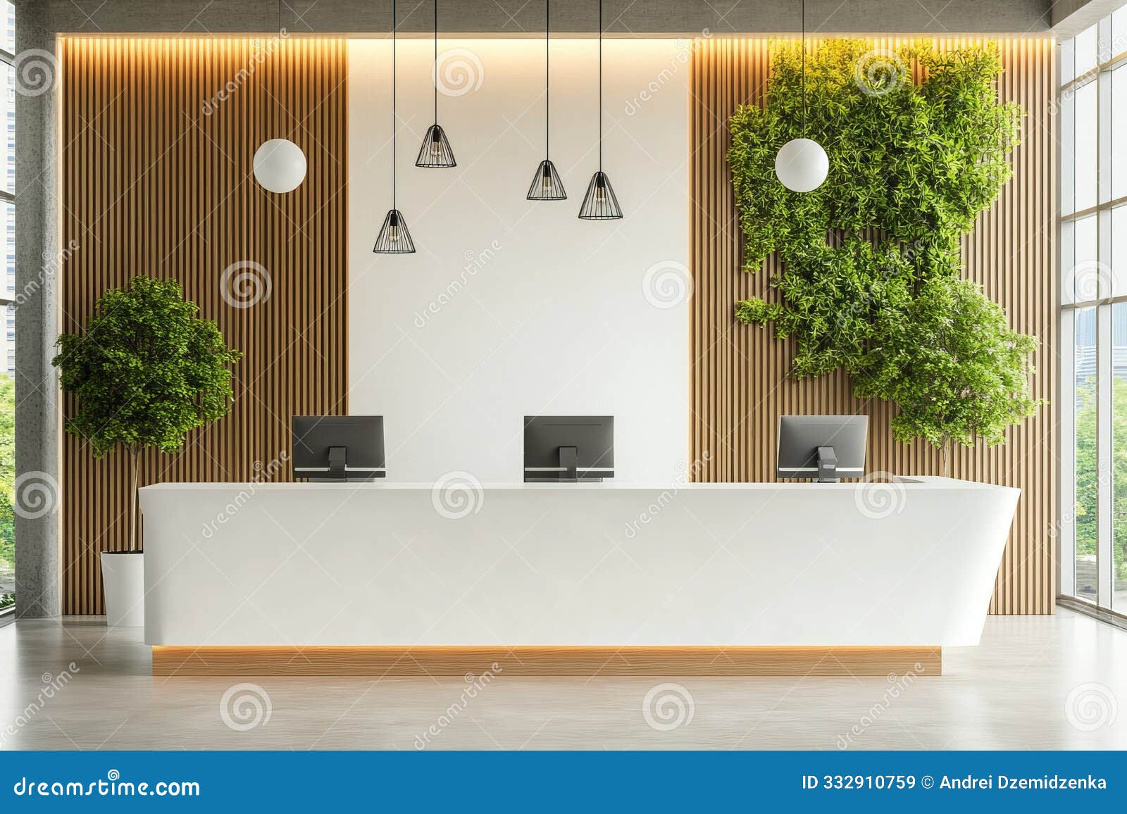 White Reception Desk and Coworking Space in a Light Office Room Stock ...