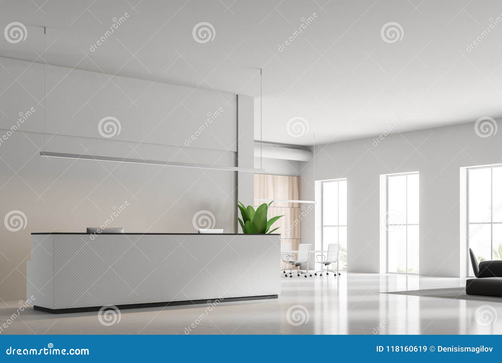 White Reception Desk with Two Computers Side View Stock Illustration ...
