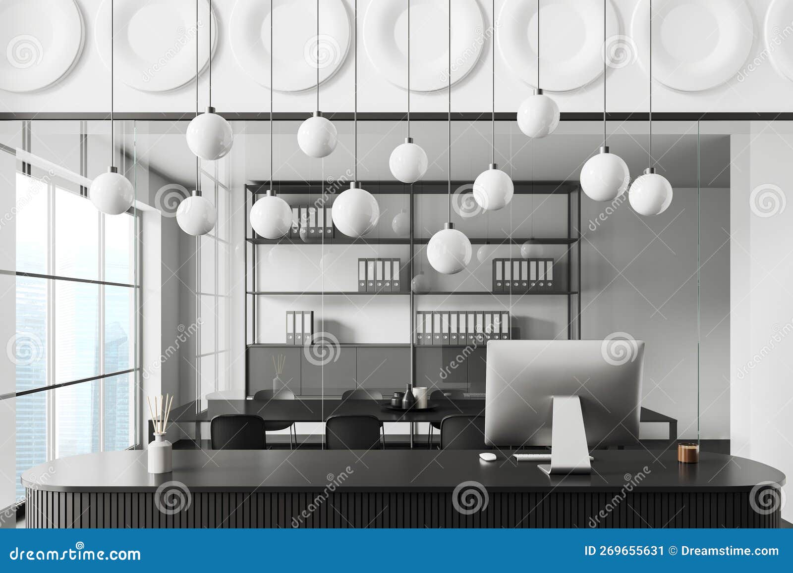 White Reception Interior Desk with Two Pc Computers, Panoramic Window ...