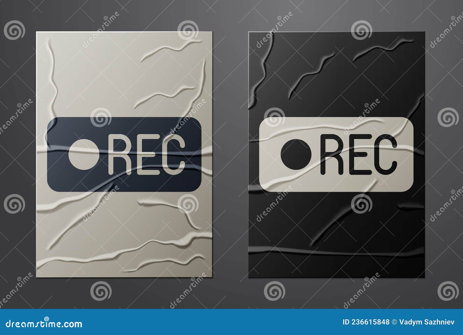 White Record Button Icon Isolated on Crumpled Paper Background. Rec ...