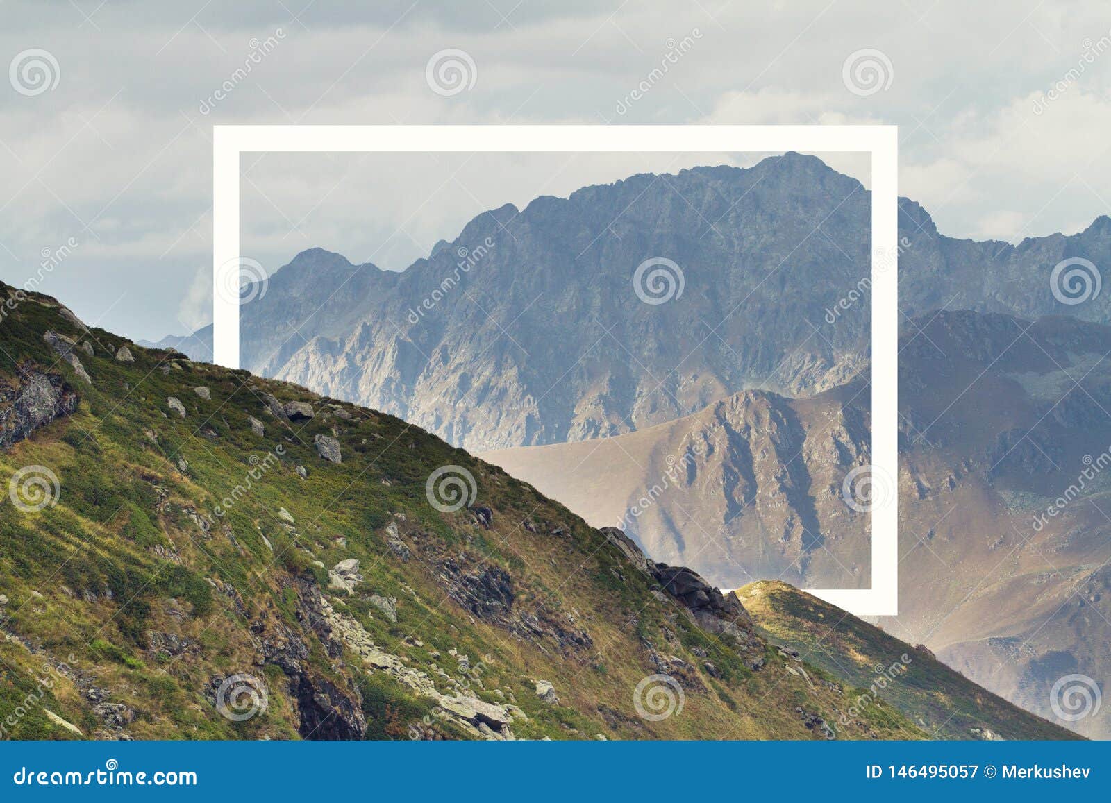 White Rectangle in the Middle of Cloudy Mountain Landscape. Natural and ...