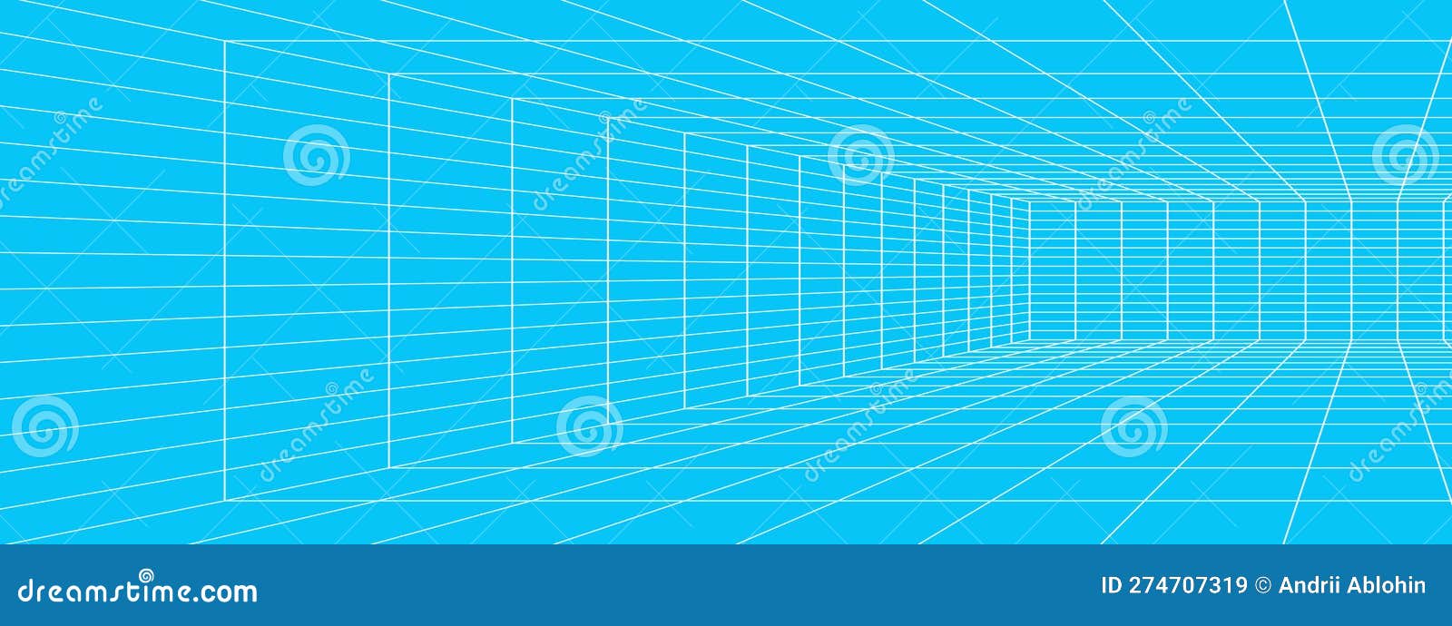 White Rectangle Wireframe In Perspective On Blue Background. Room, Hall ...