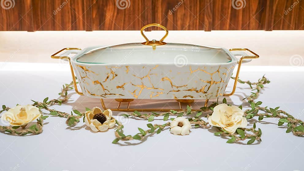 White Rectangular Ceramic Vegetable Container with Gold Pattern Stock ...