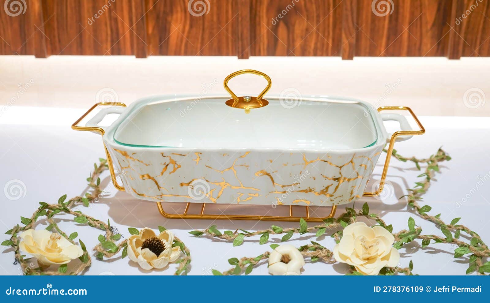 White Rectangular Ceramic Vegetable Container with Gold Pattern Stock ...