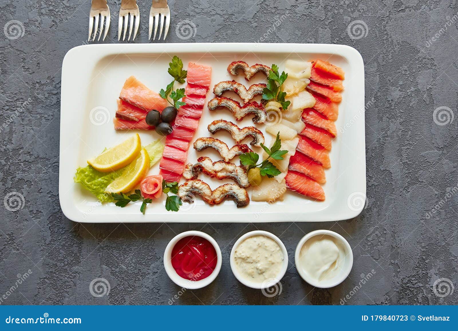 White Rectangular Plate with Smoked and Salted Fish Delicacies Stock ...