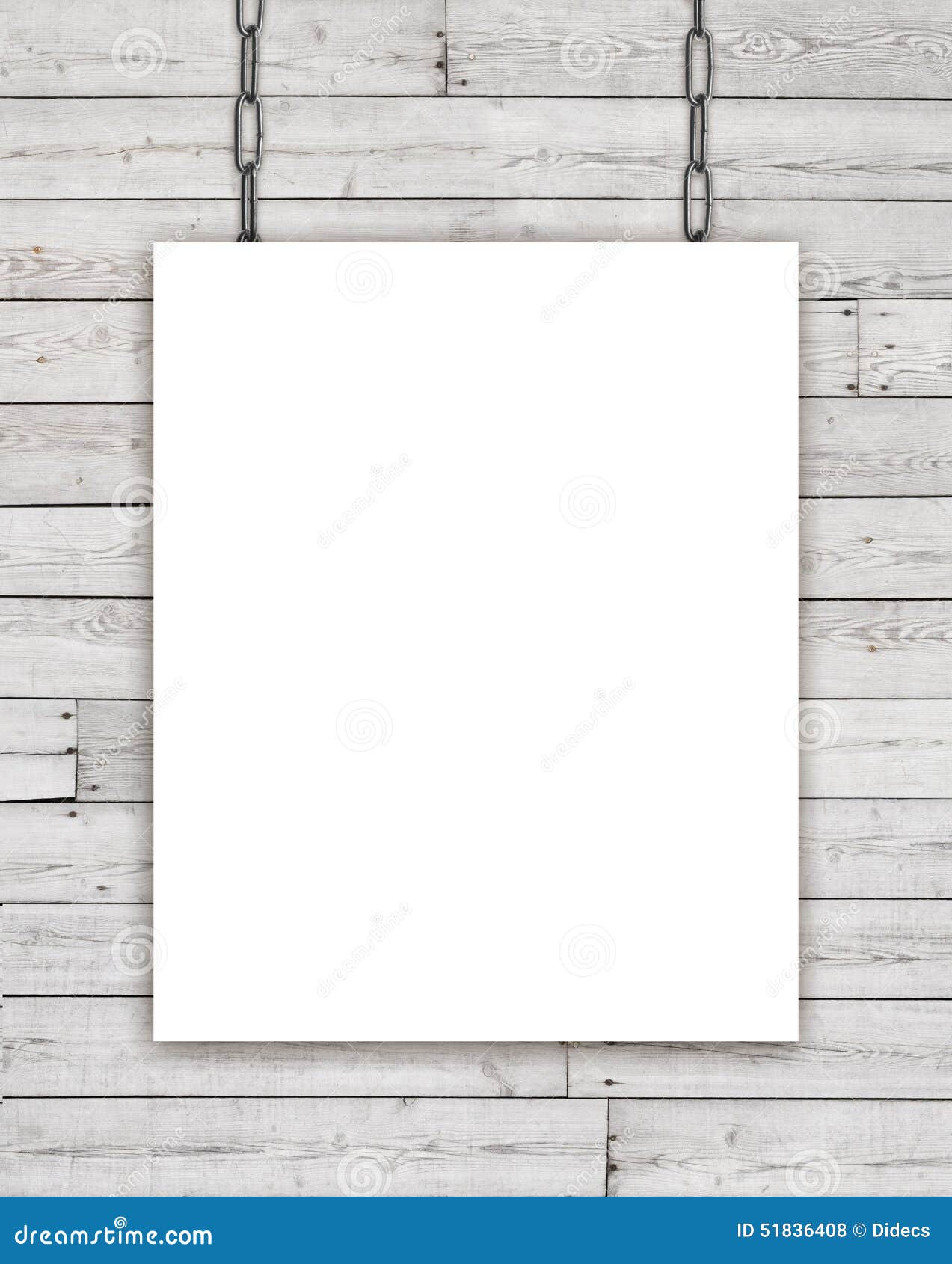 White Rectangular Poster Hanging on Chain Over Wooden Background Stock ...