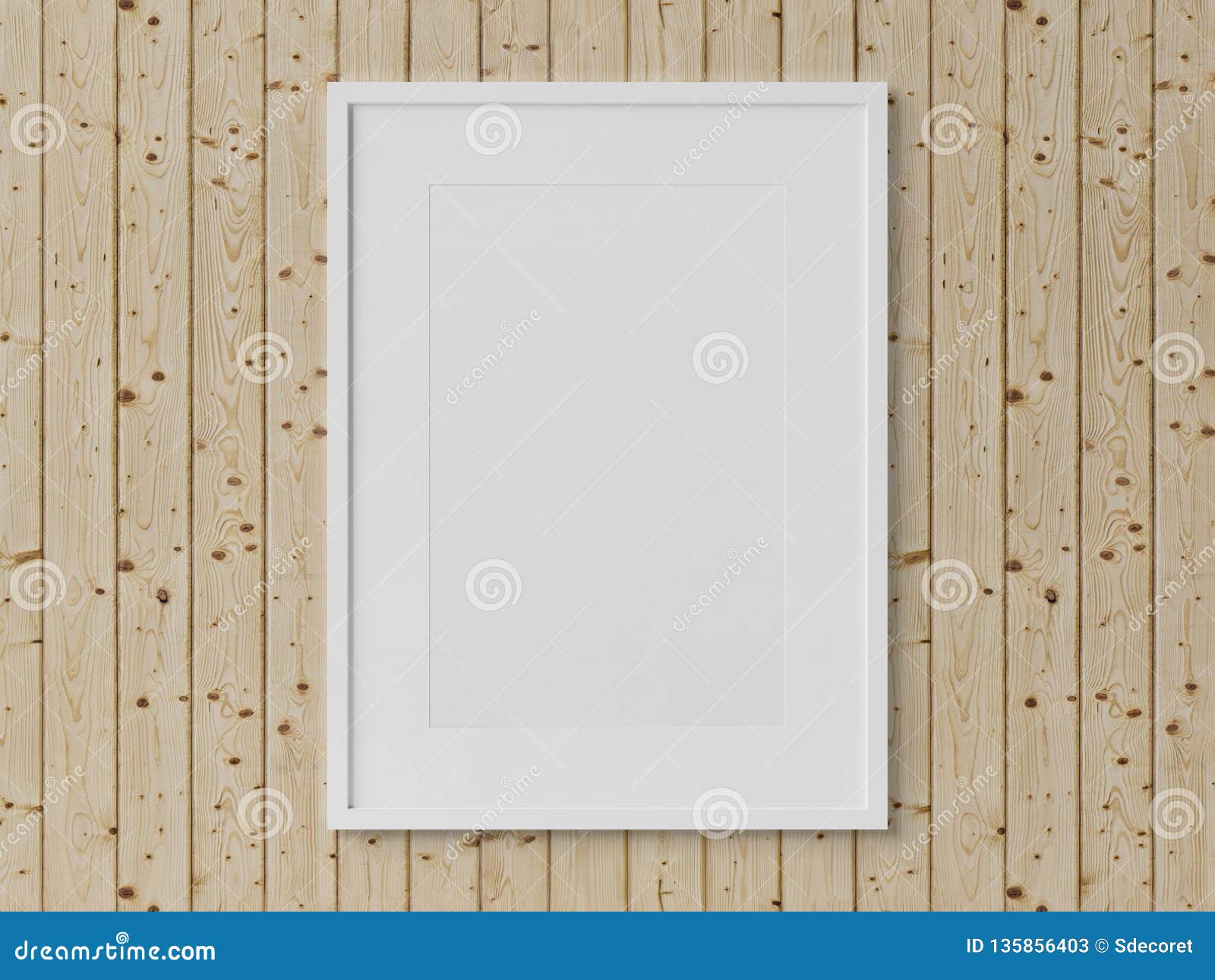White Rectangular Vertical Frame Hanging on a Wooden Wall Mockup 3D ...