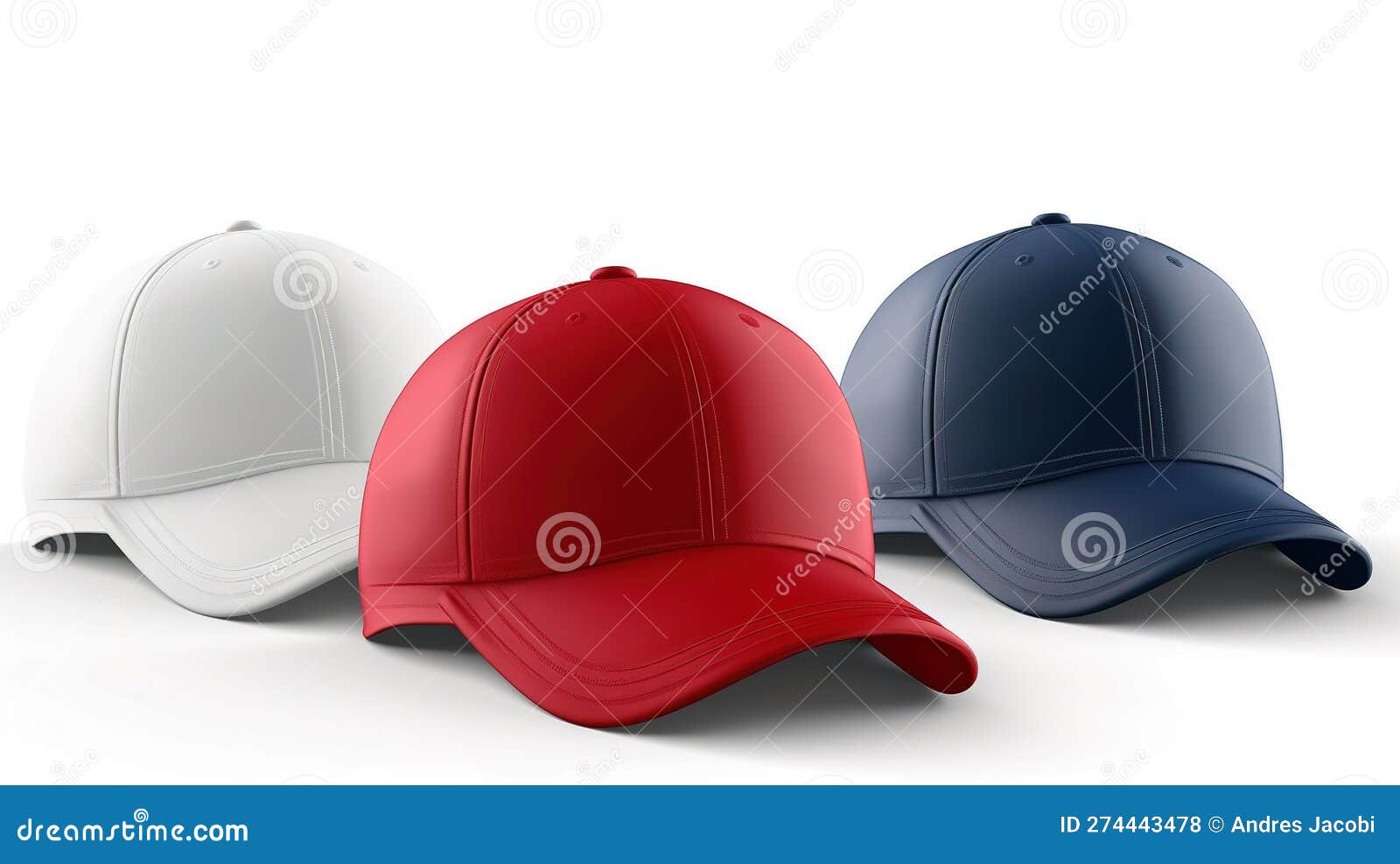 White, Red and Blue Caps 3D Render Style Over White Background. Stock ...