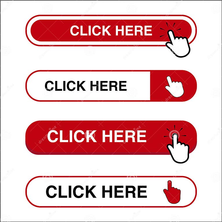 White and Red Click Here Button with a Hand Clicking on a White Background Stock Illustration ...