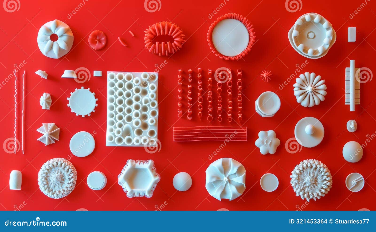 White and Red 3D Printed Components on Red Background Stock ...