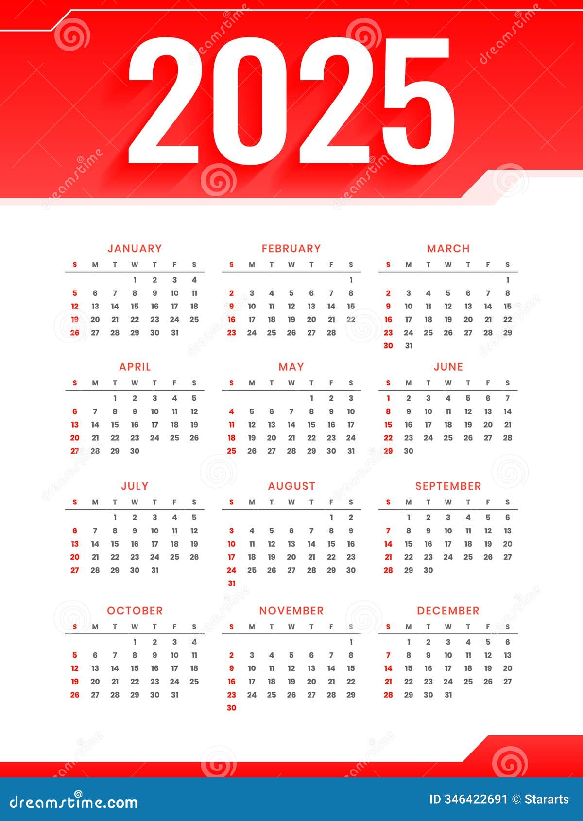 White Red 2025 Full Page Calendar Layout Office Stationery Stock Vector ...