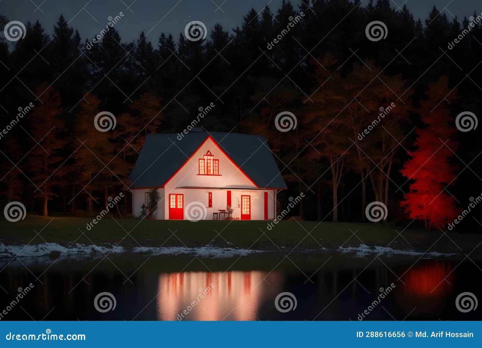 White and Red House Surrounded by Trees at Night Generated by Ai Stock ...