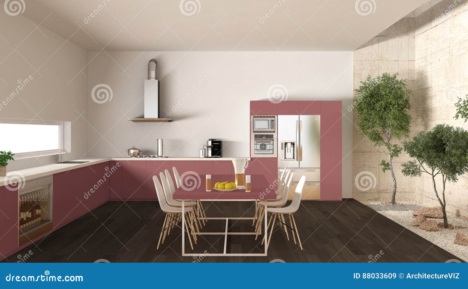 White and Red Kitchen with Inner Garden, Minimal Interior Design Stock ...