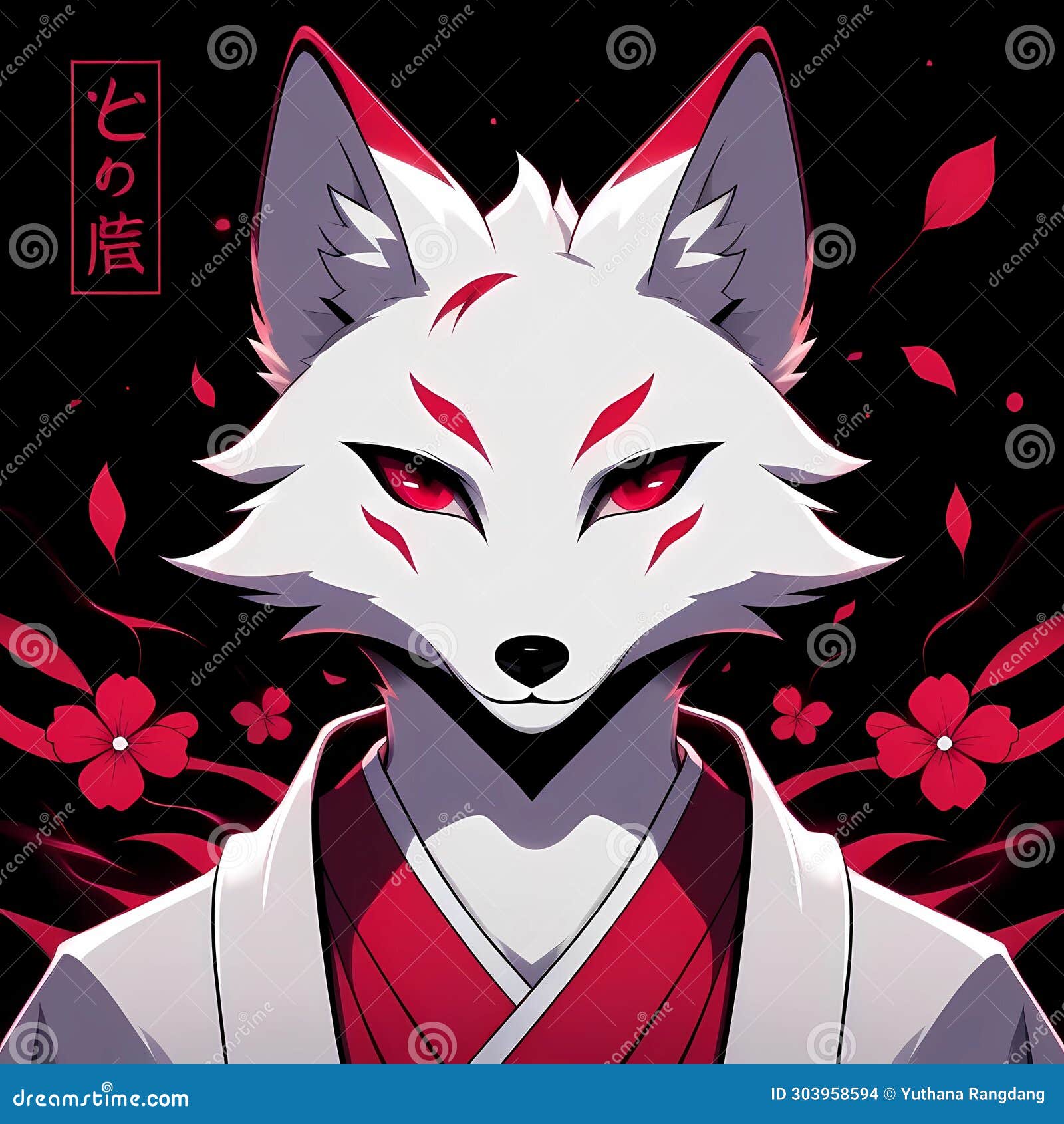 A White and Red Kitsune, with Red Eyes. Stock Illustration ...