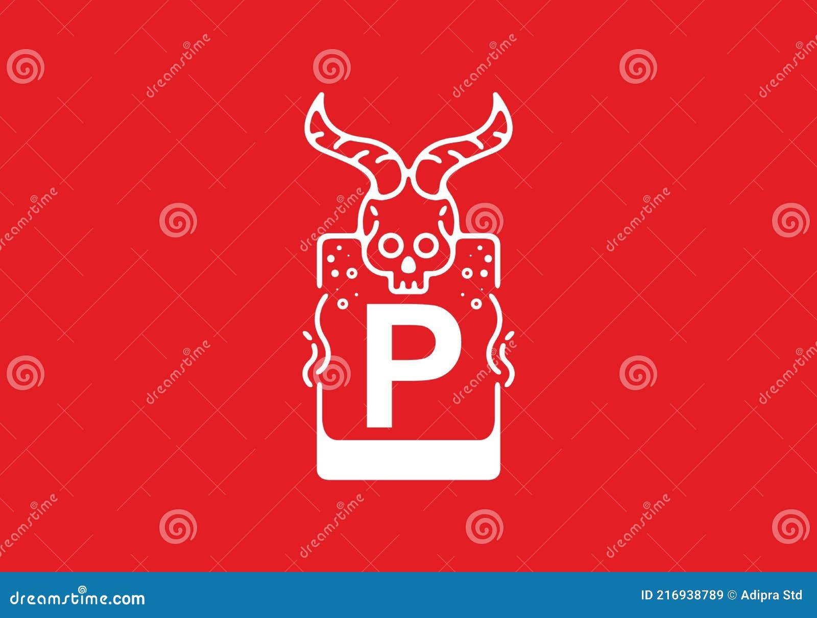 White Red Line Art Illustration of Skull with P Initial Letter in the ...