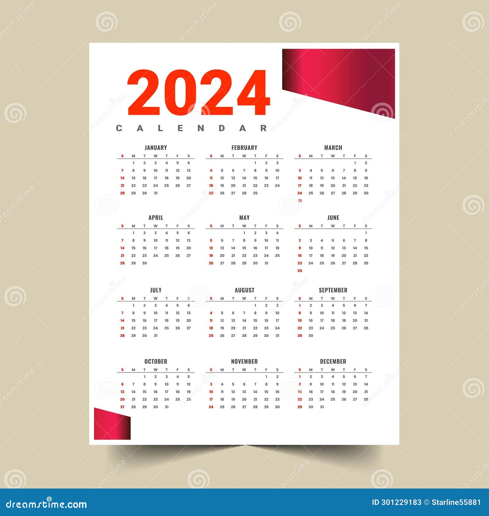 White and Red 2024 New Year Annual Calendar Layout Design Stock Vector ...