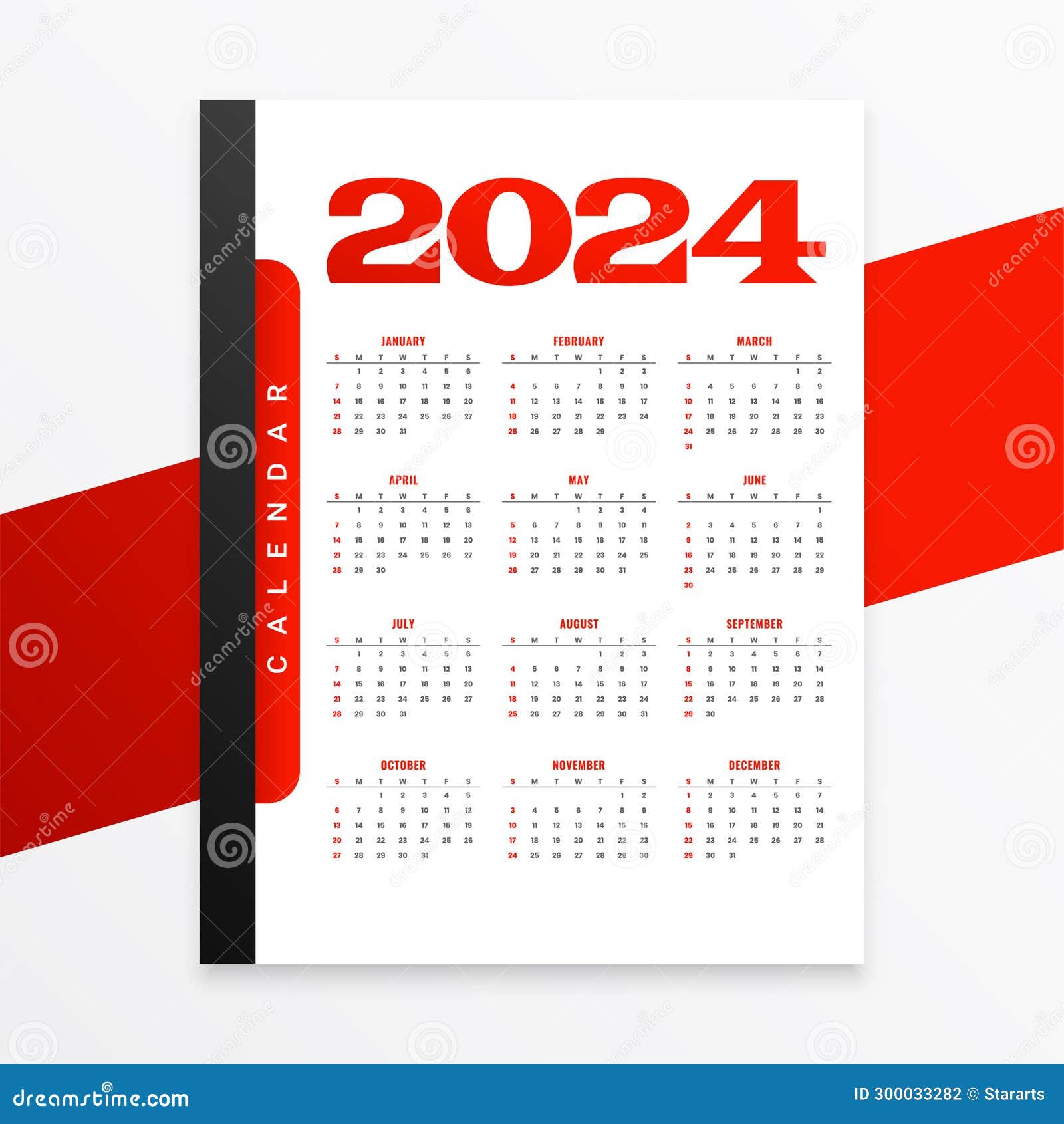 White and Red 2024 New Year Calendar Template a Printable Design Stock ...