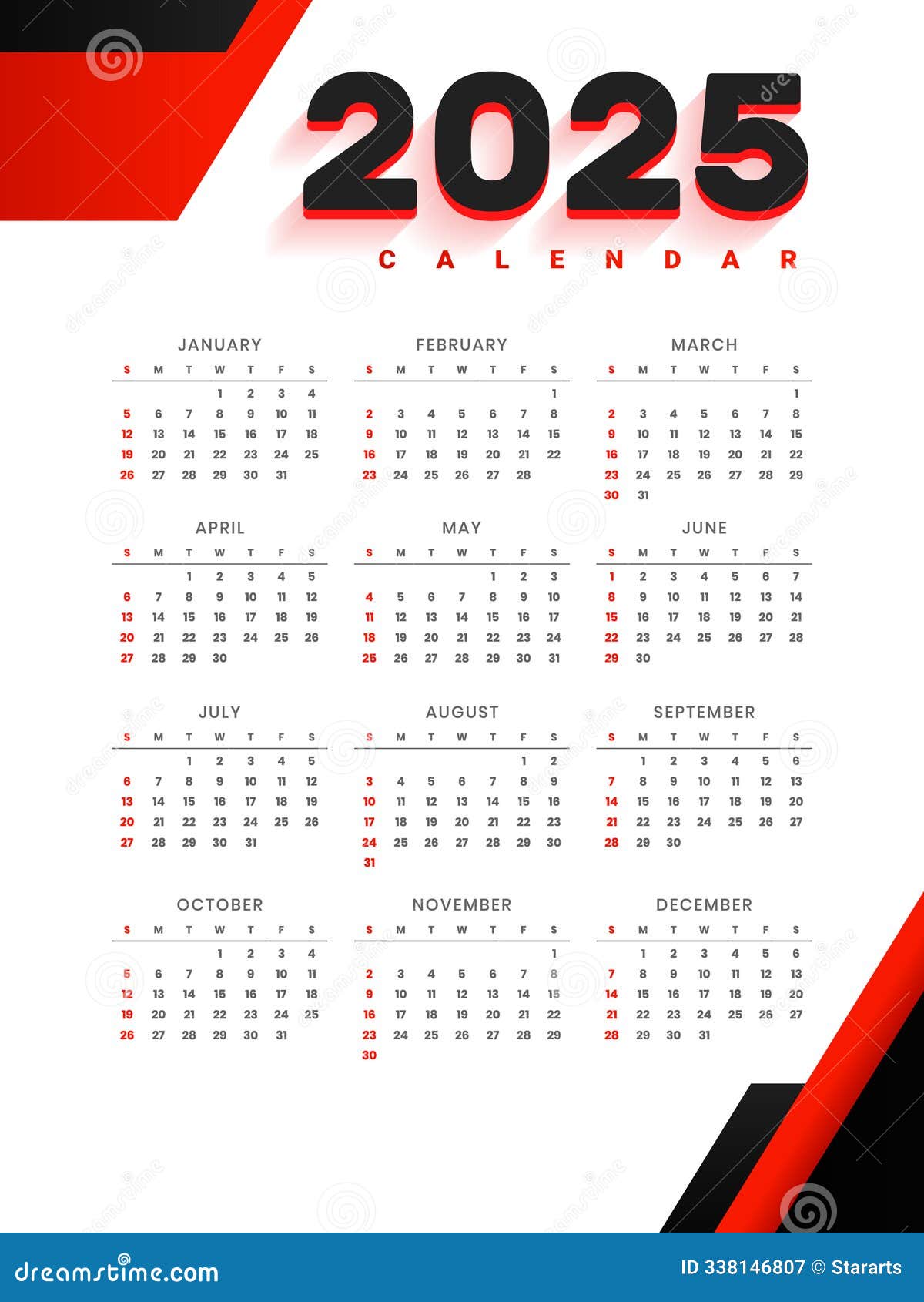 White Red 2025 New Year Calendar Template Stock Illustration ...