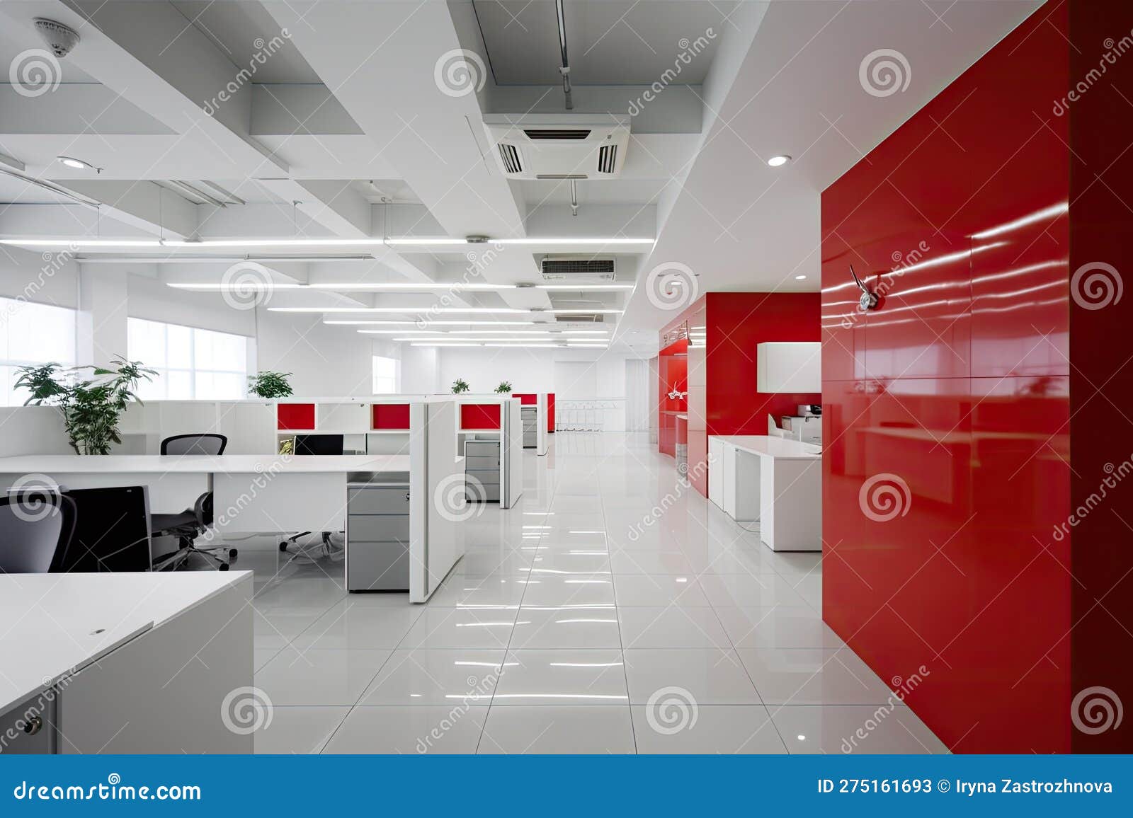 Comfortable Workplaces In An Open Office Interior With Desks, Computers ...