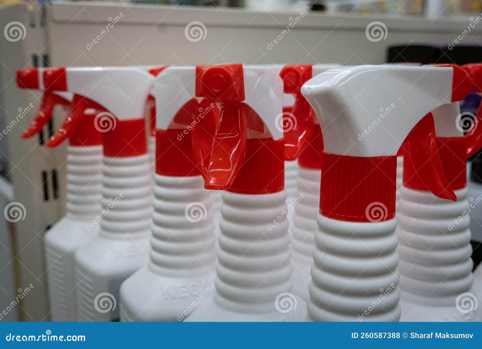 White and Red Plastic Sprayers in a Store Stock Photo - Image of ...