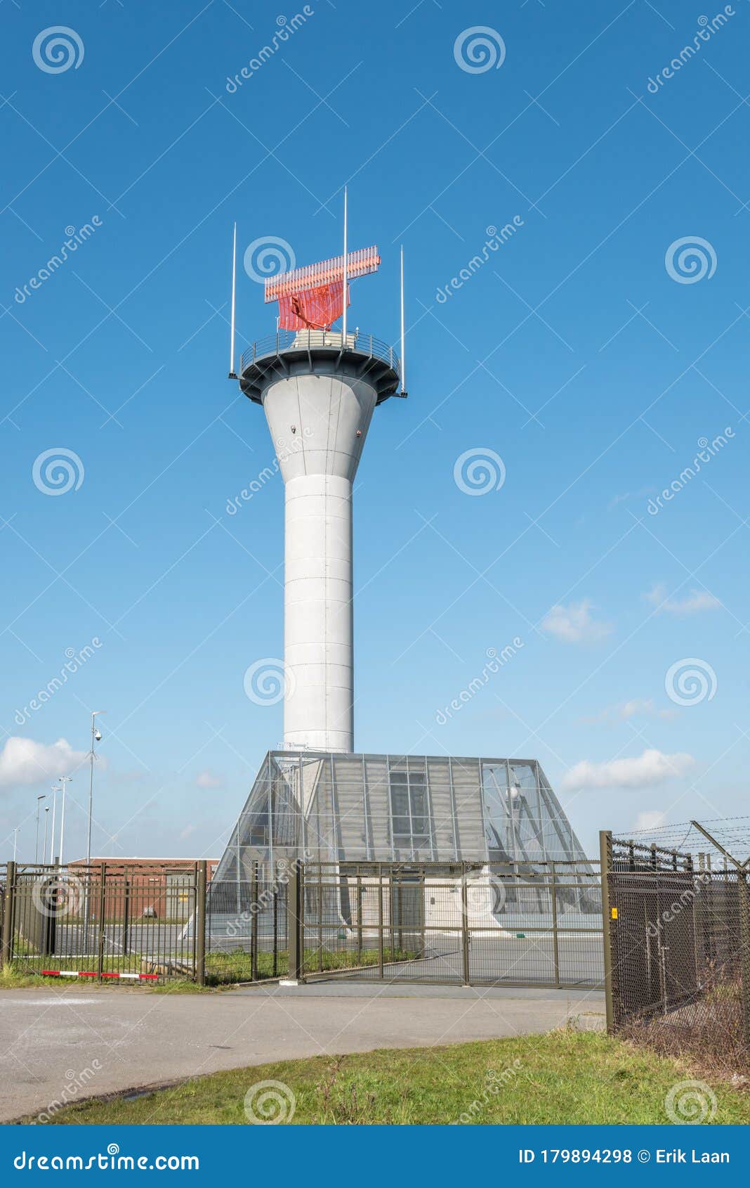 White and red radar tower stock photo. Image of building - 179894298