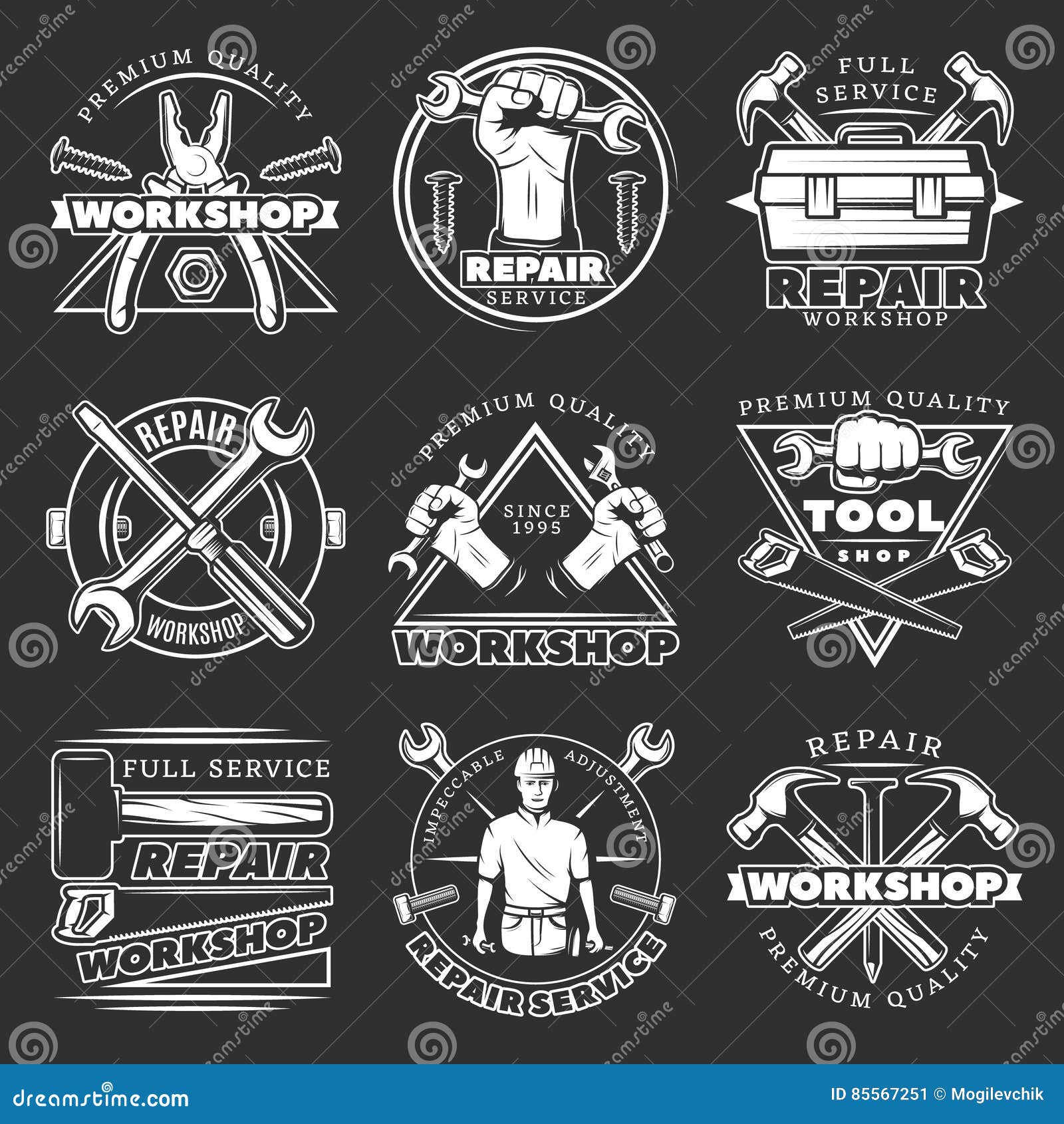 Repair Workshop Black And White Label Design Template With Car And ...