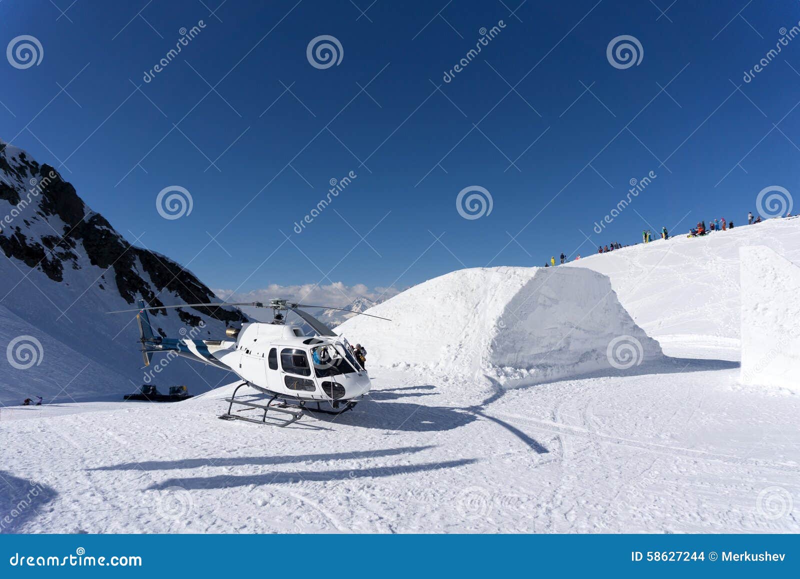 White Rescue Helicopter Parked in the Mountains Stock Photo - Image of ...