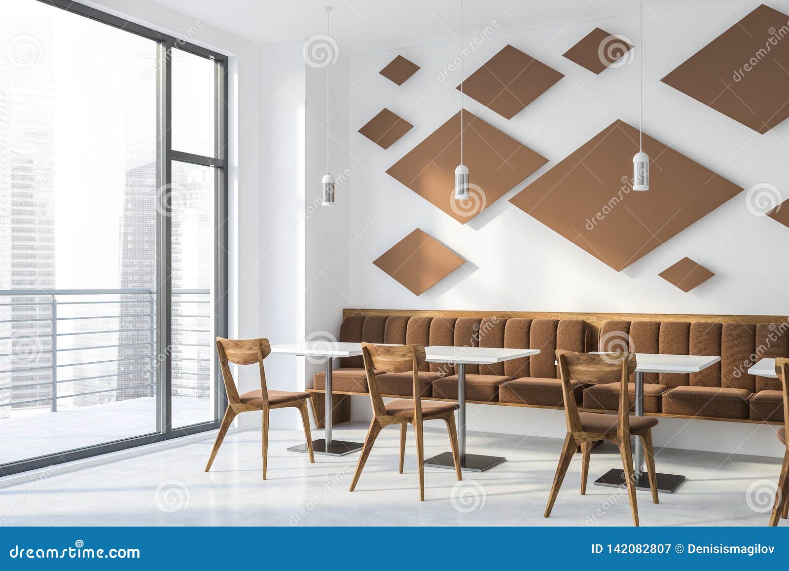 White Restaurant Interior with Wooden Tables Stock Illustration ...