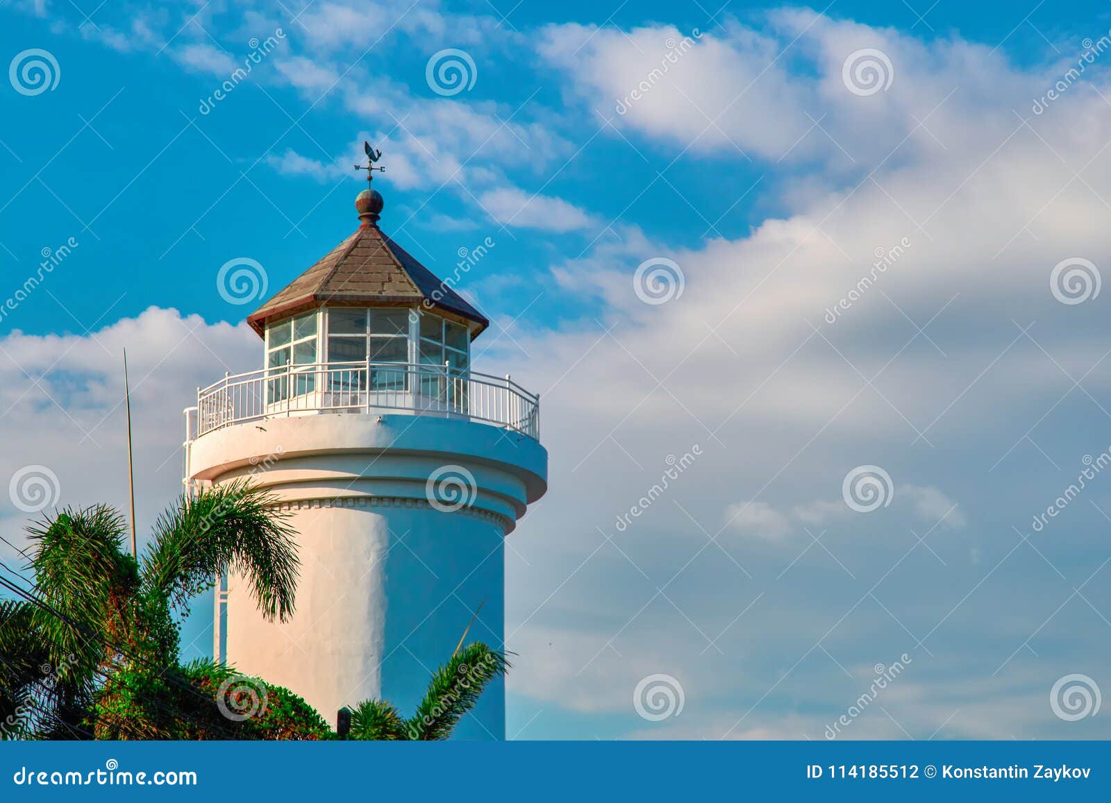 White Retro Lighthouse on the Tropical Coast. Bottom View. on Blue Sky ...