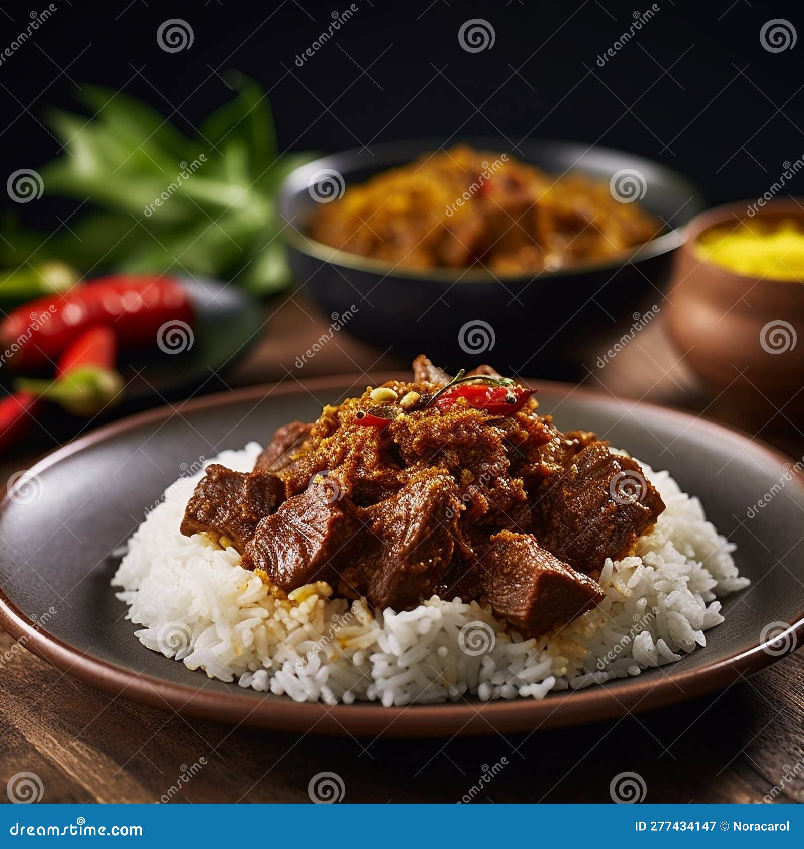 White Rice and Beef Rendang, Generative AI Stock Illustration ...