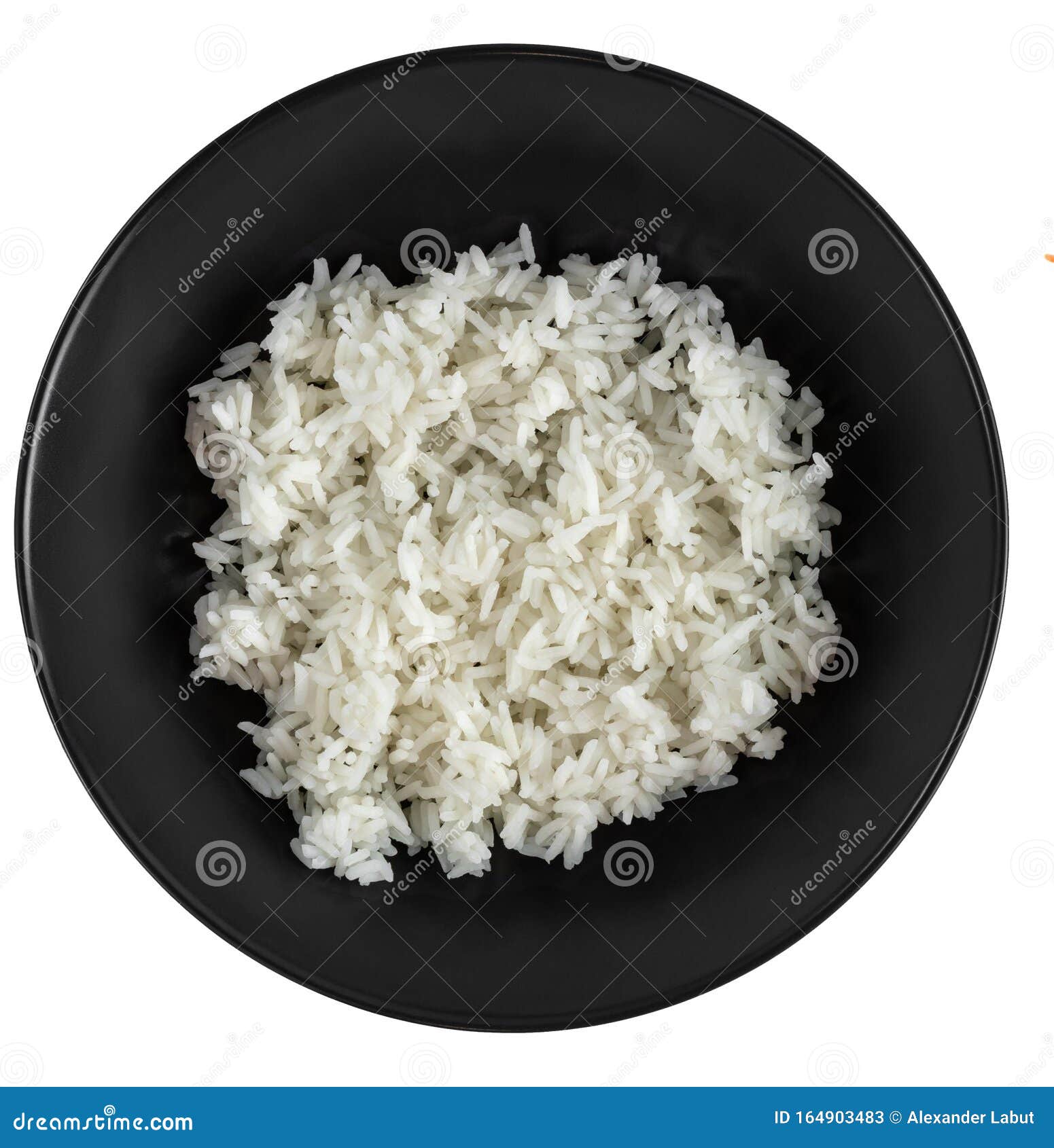 White Rice in Black Matte Plate Isolated on a White Background, Top ...