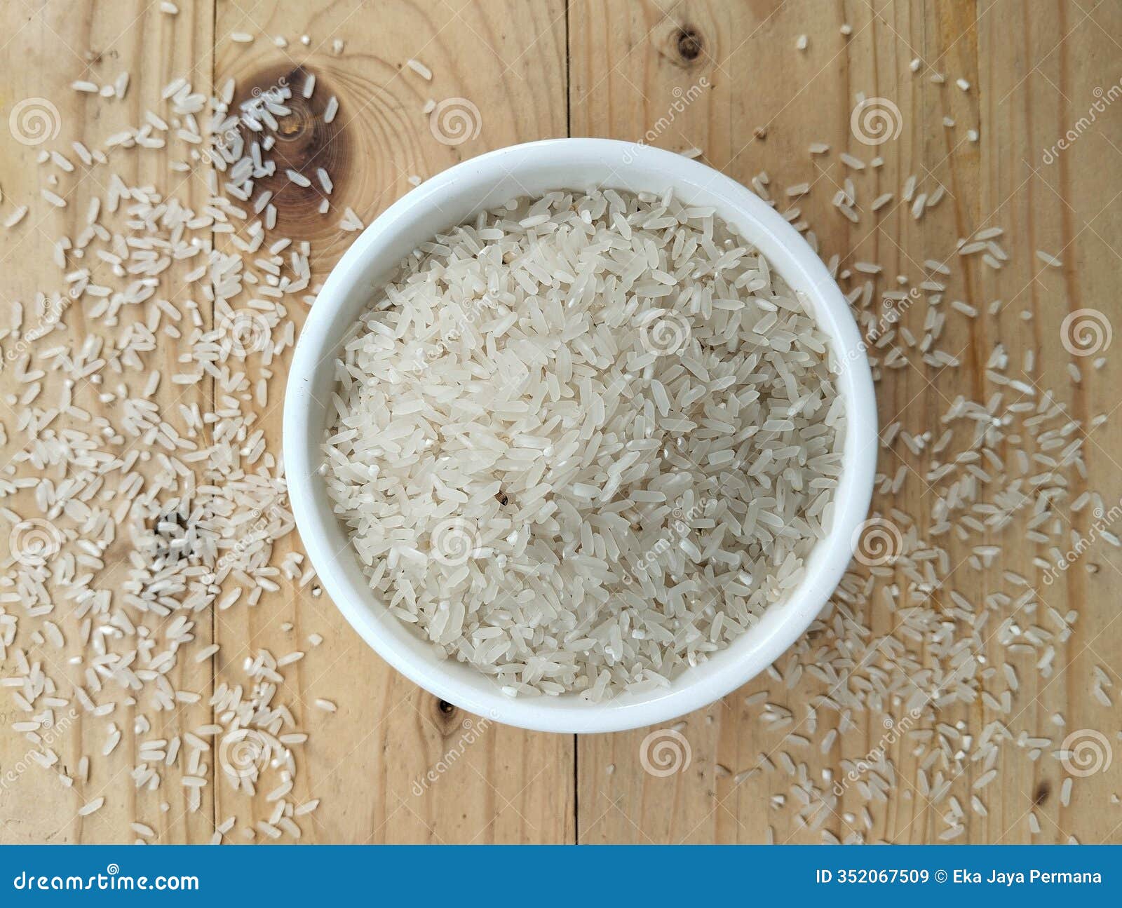White Rice in Bowl on Wooden Table with Top View Angle Setup Stock ...