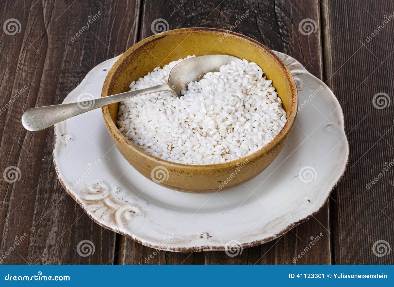 White Rice in a Ceramic Bowl on Rustic Wooden Background Stock Image ...