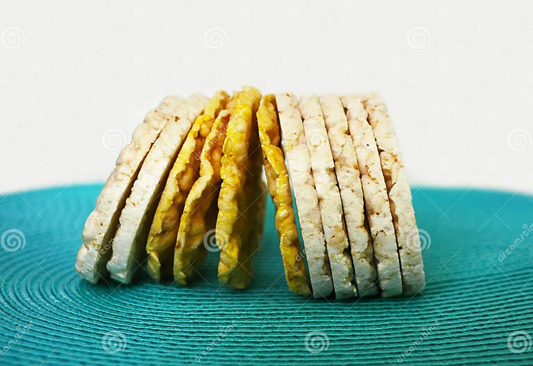 White Rice Crackers on Blue Background. Stock Image - Image of closeup ...