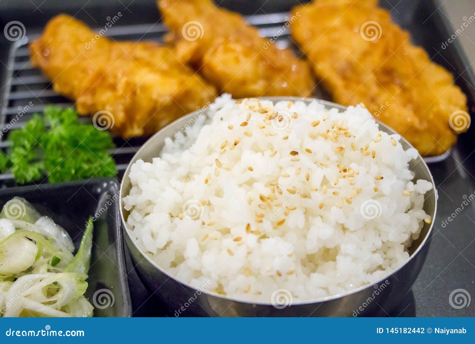 White Rice with Deep Fried Chicken Stock Photo - Image of sour, lunch ...