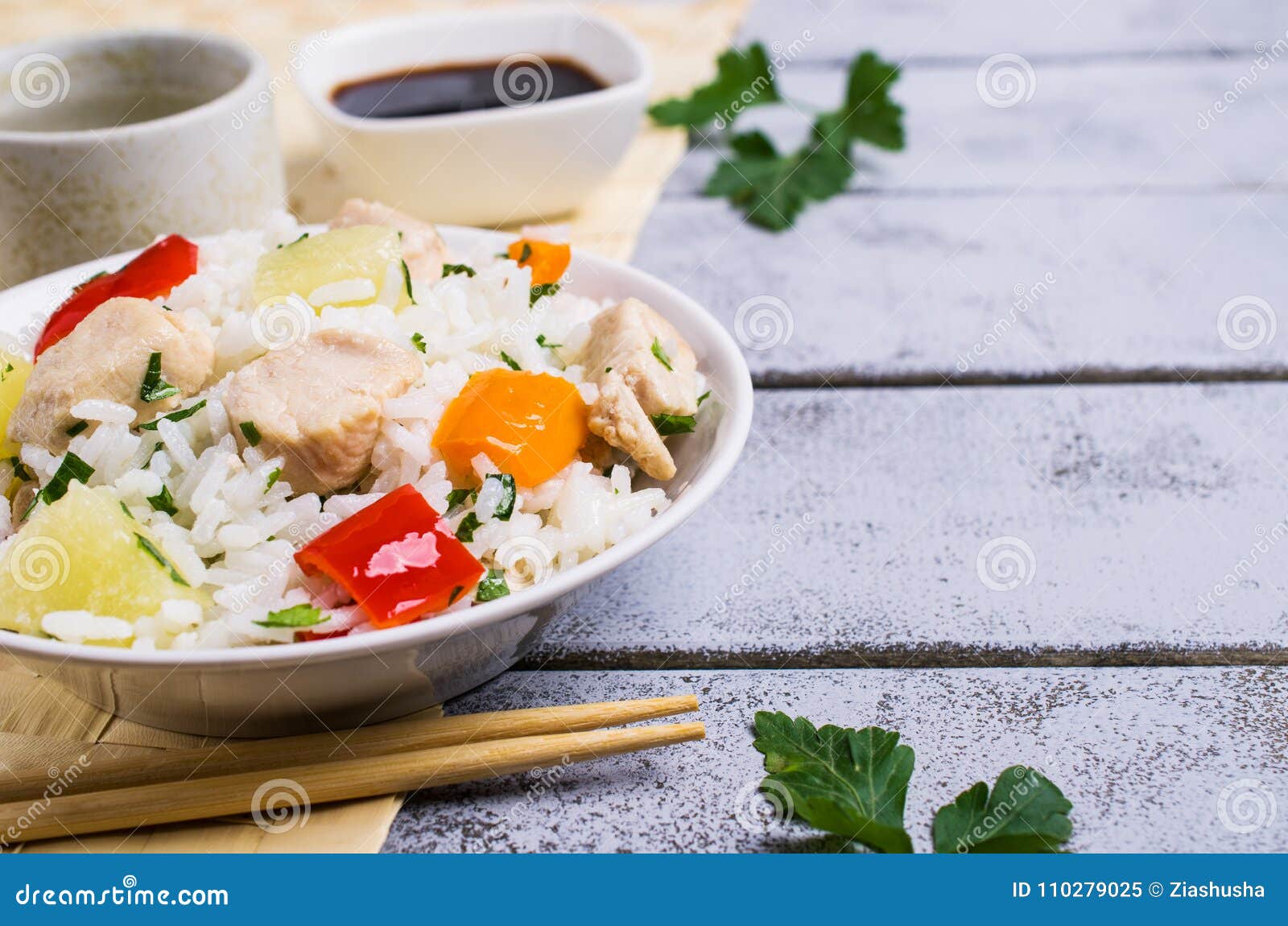 White rice with meat stock image. Image of portion, food - 110279025
