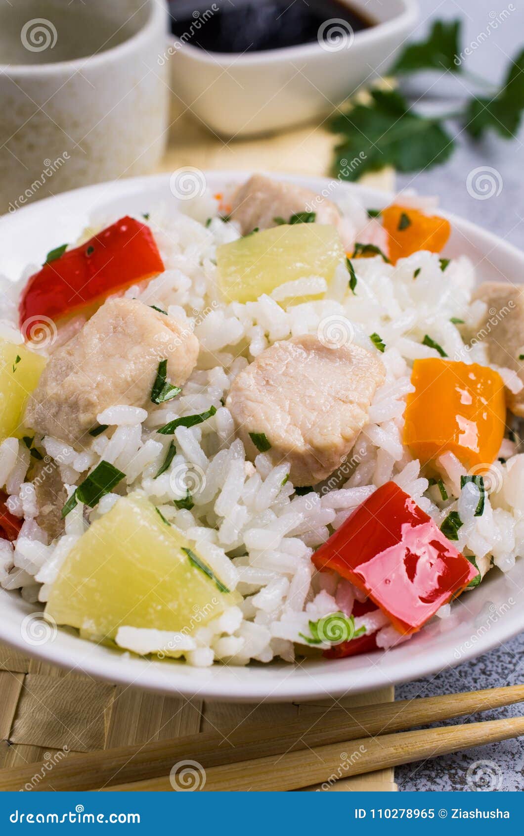 White rice with meat stock image. Image of friable, home - 110278965